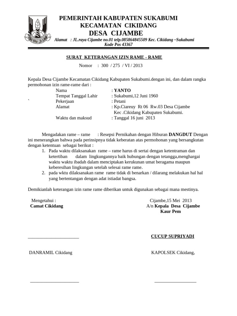 Surat Keterangan Izin Rame-Rame | PDF