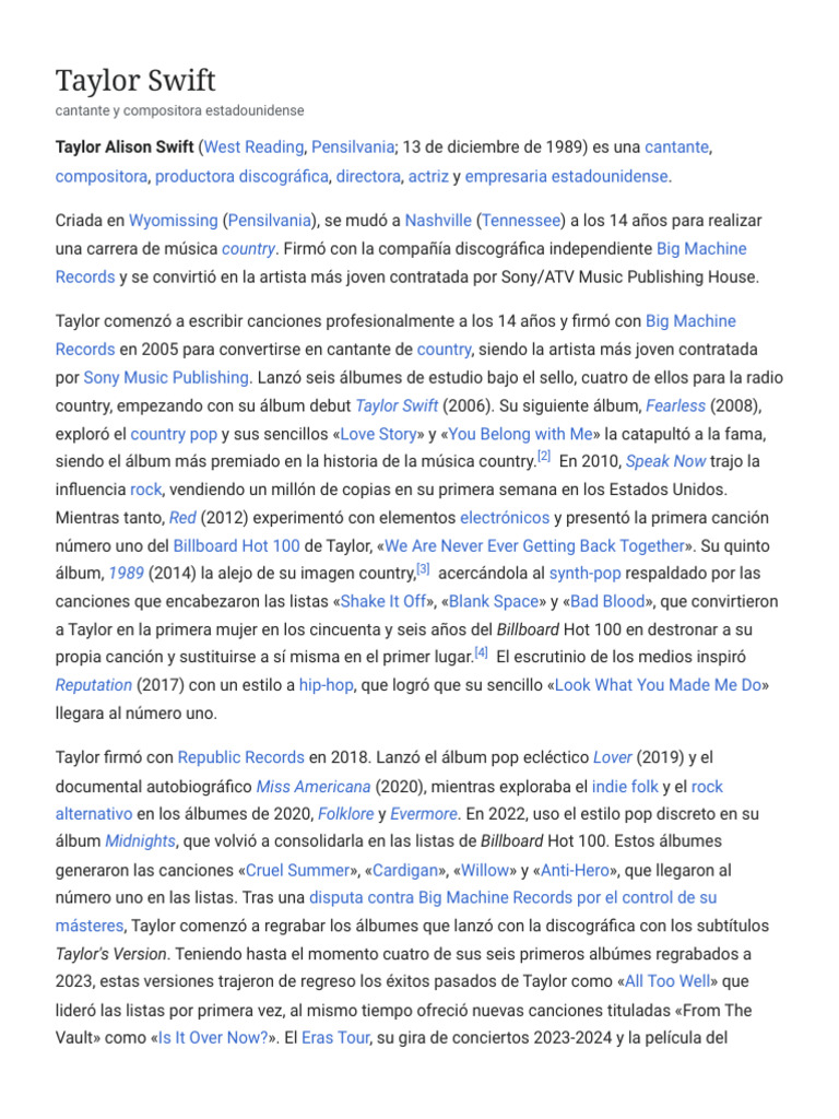 Taylor Swift - Wikipedia, La Enciclopedia Libre | PDF | Taylor Swift | Industria de la música