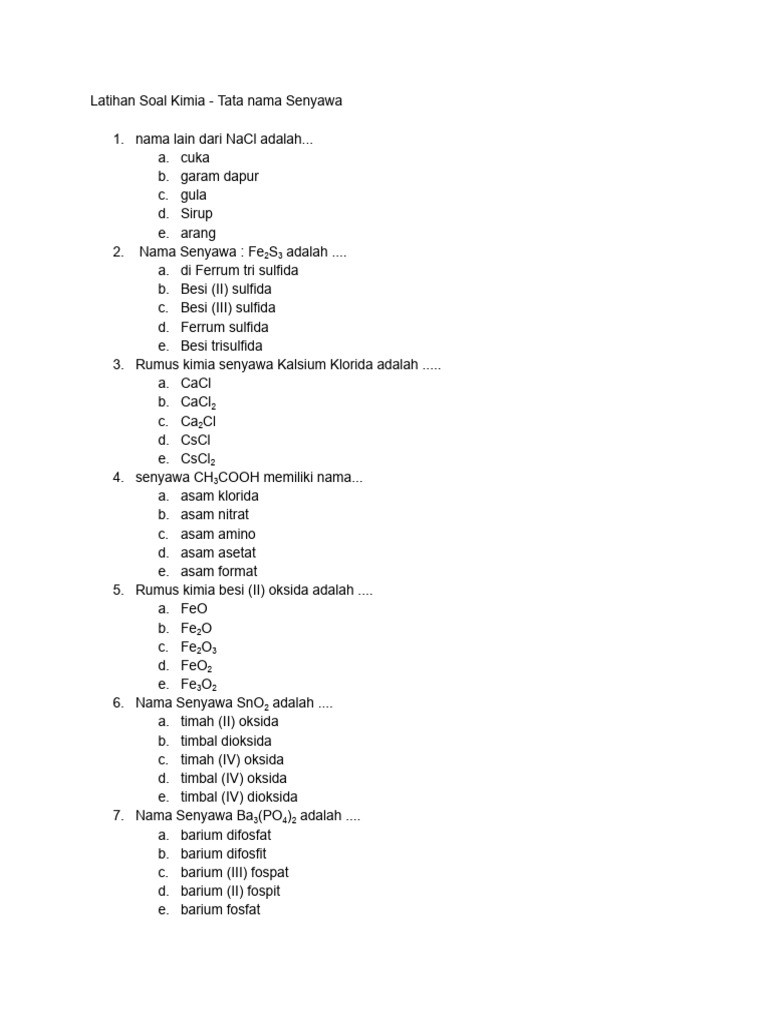 Latihan Soal Kimia - Tata Nama Senyawa | PDF