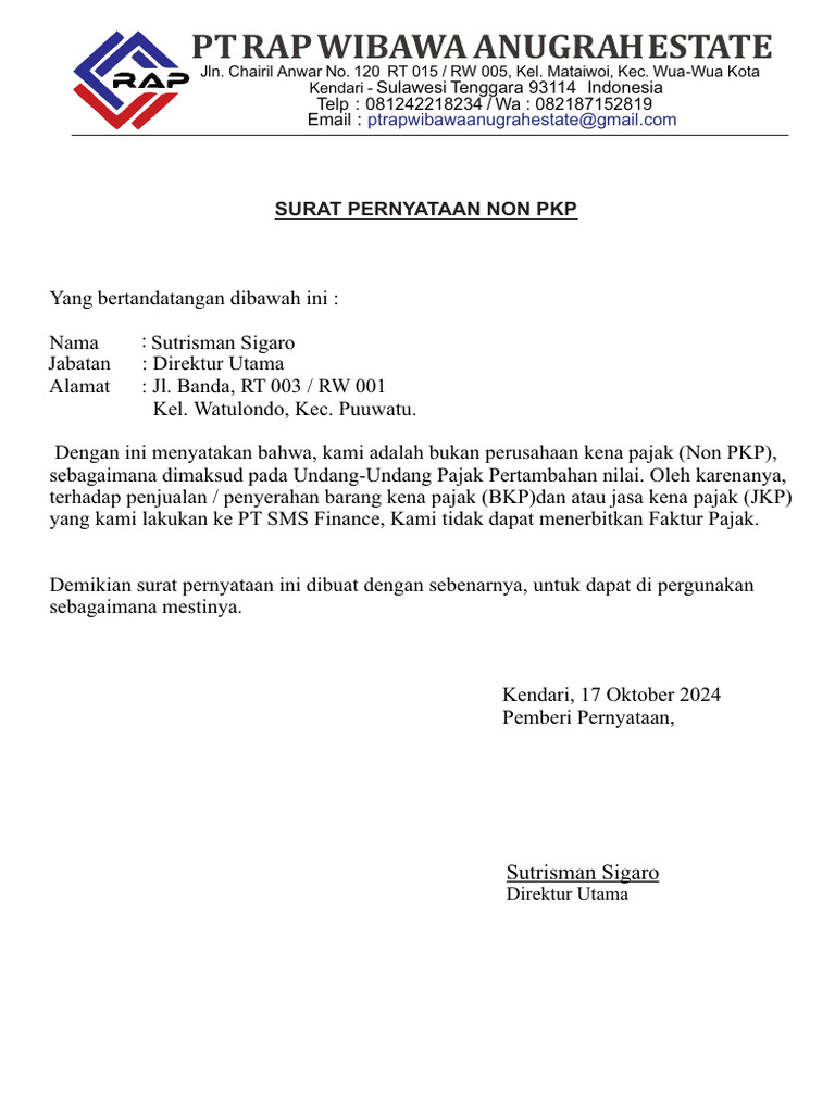 Surat Pernyataan Non PKP 2024 | PDF
