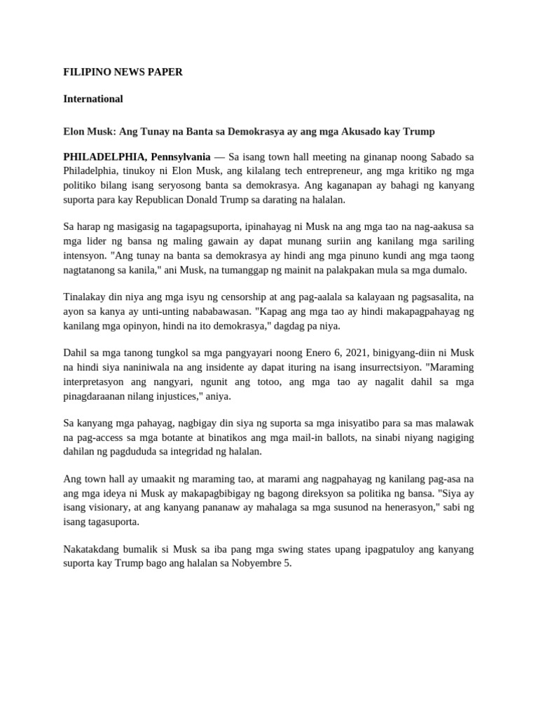 News Entry For Filipino Assignment: Balitang Nasyonal | PDF