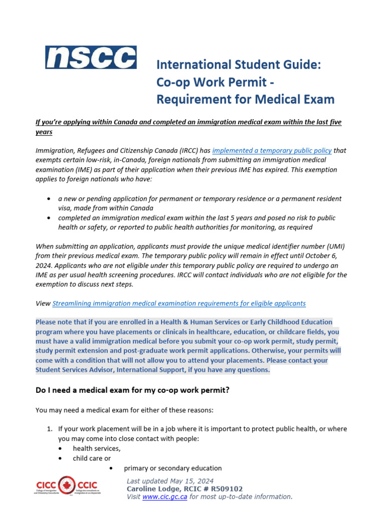 NSCC Guide Medical Exam and Work Permit Conditions | PDF | Health Care | Medicine