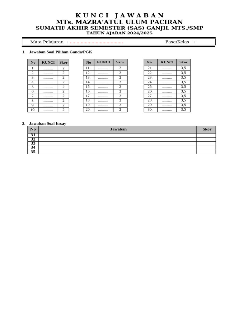 4) Format Kunci Jawaban SAT Kelas 9 MTs. Mazra'atul Ulum Paciran | PDF ...