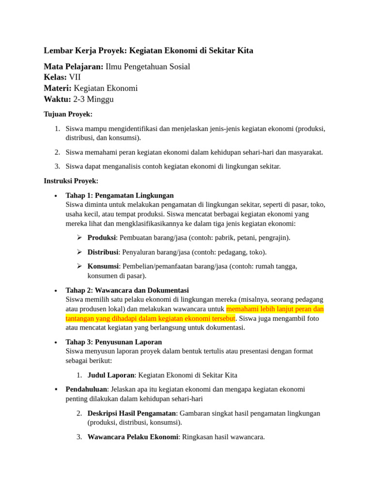 Lembar Kerja Proyek Kegiatan Ekonomi IPS Kelas 7 | PDF