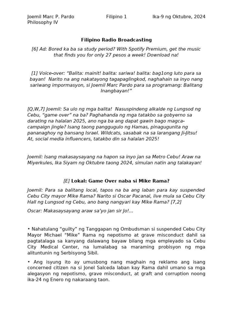 FIlipino 1: Radio Broadcasting Script | PDF