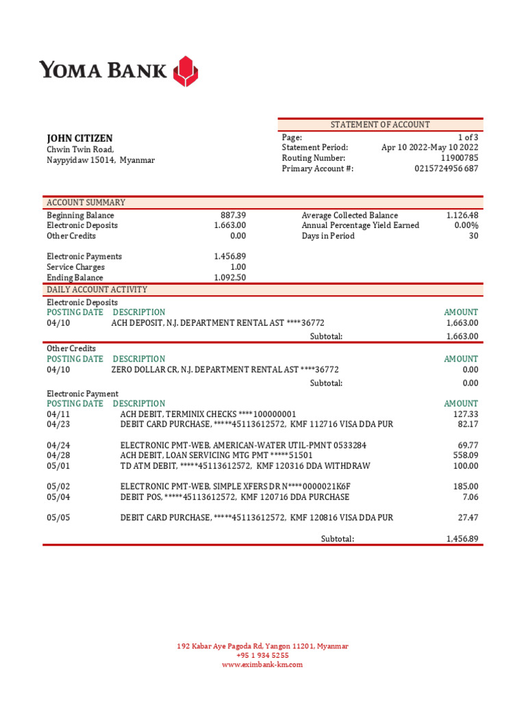 Yoma Bank Account Statement Sample | PDF | Debit Card | Visa Inc.
