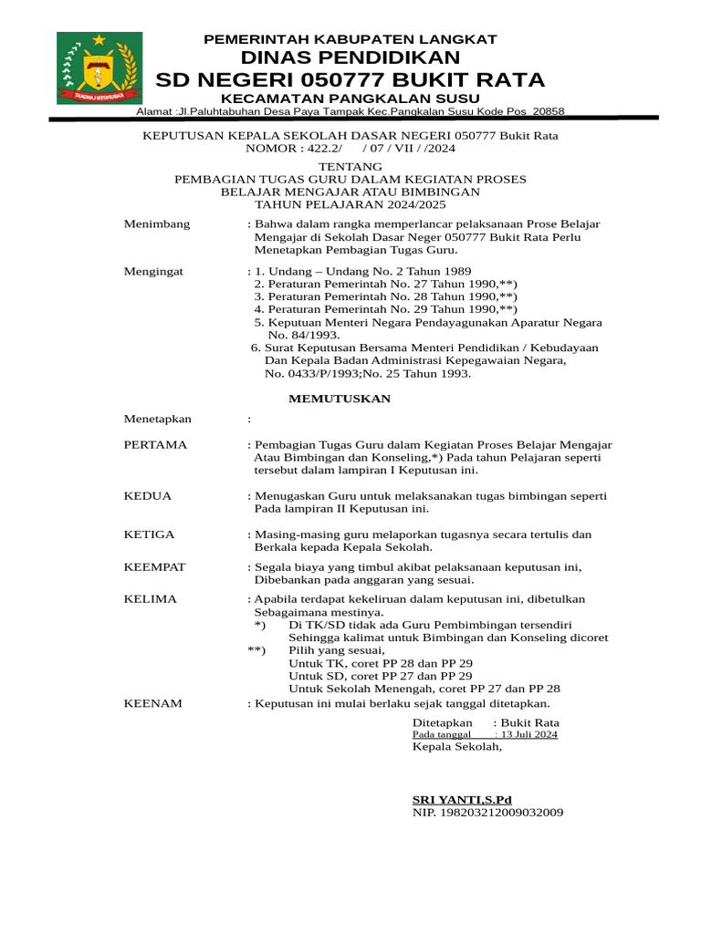 SK Pembagian Tugas Guru 2024 - 2025 Sem 1 | PDF
