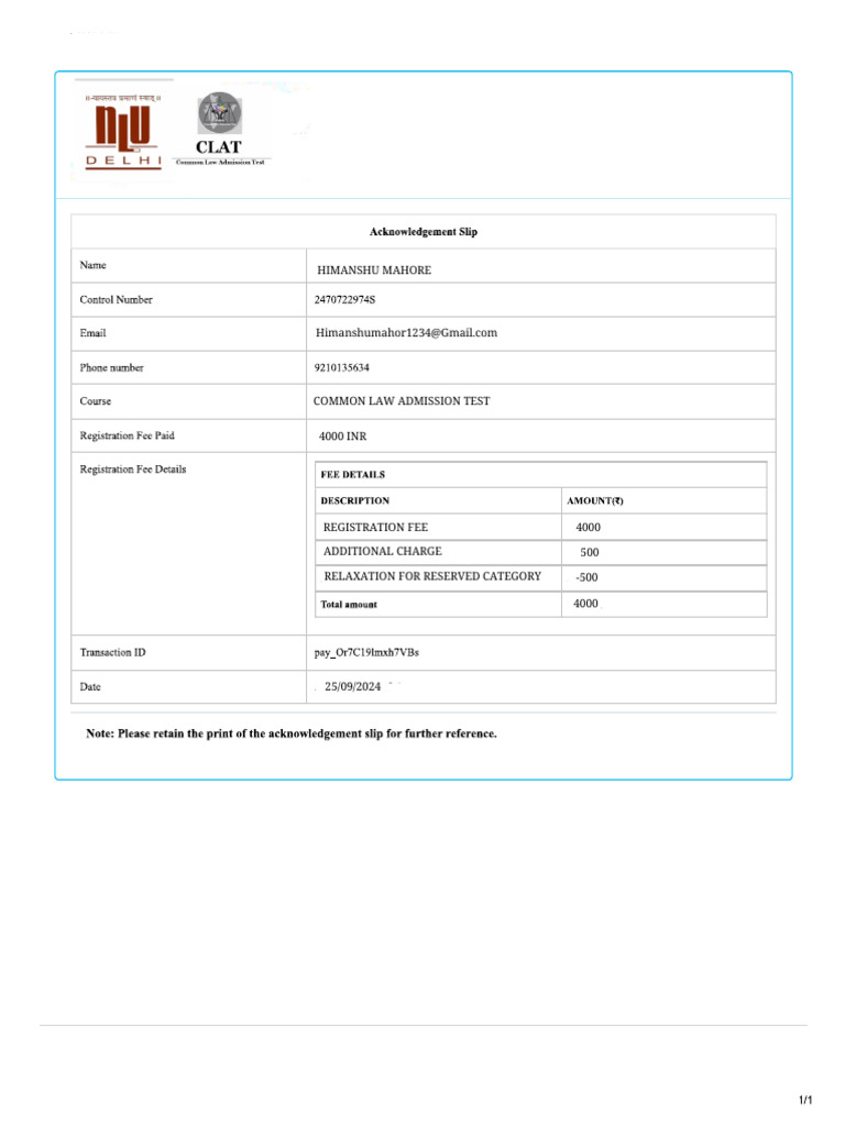 CLAT Acknowledgement | PDF