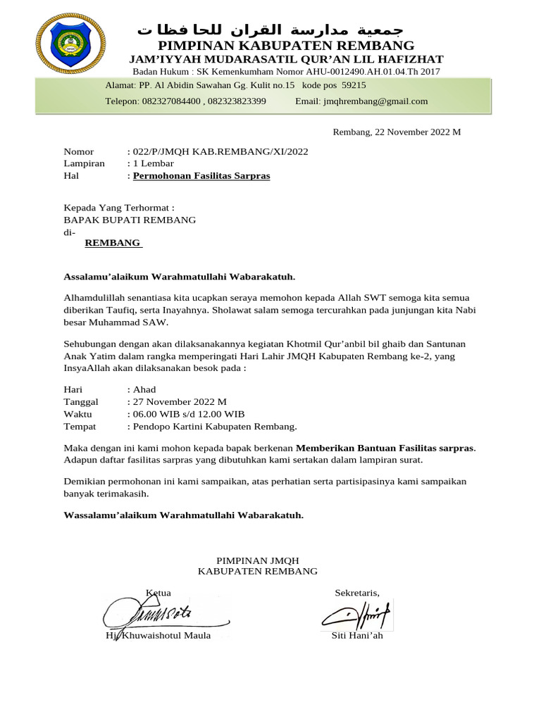 Surat Permohonan Fasilitas Sarpras | PDF