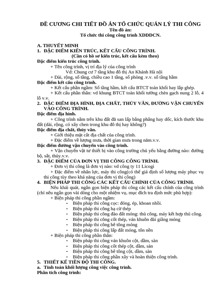 De Cuong Chi Tiet Do An To Chuc Quan Ly Thi Cong - KX | PDF