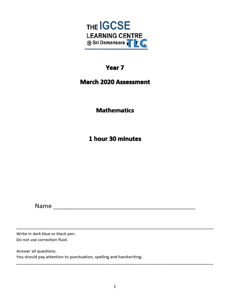 Year 7 Math Exam March 2020 (7A) | PDF | Numbers | Number Theory