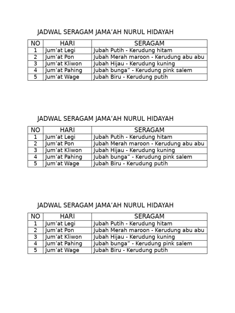 Jadwal Seragam Jama | PDF