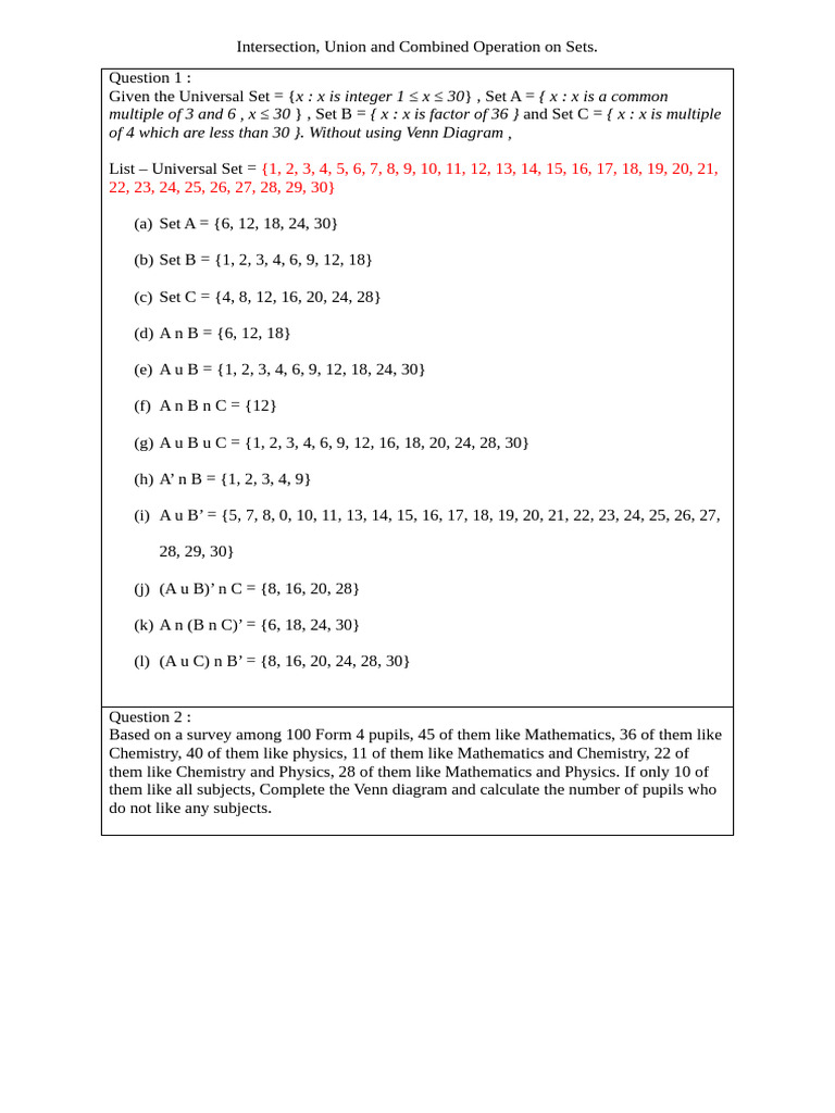 Combined Operation On Sets | PDF | Mathematics | Arithmetic