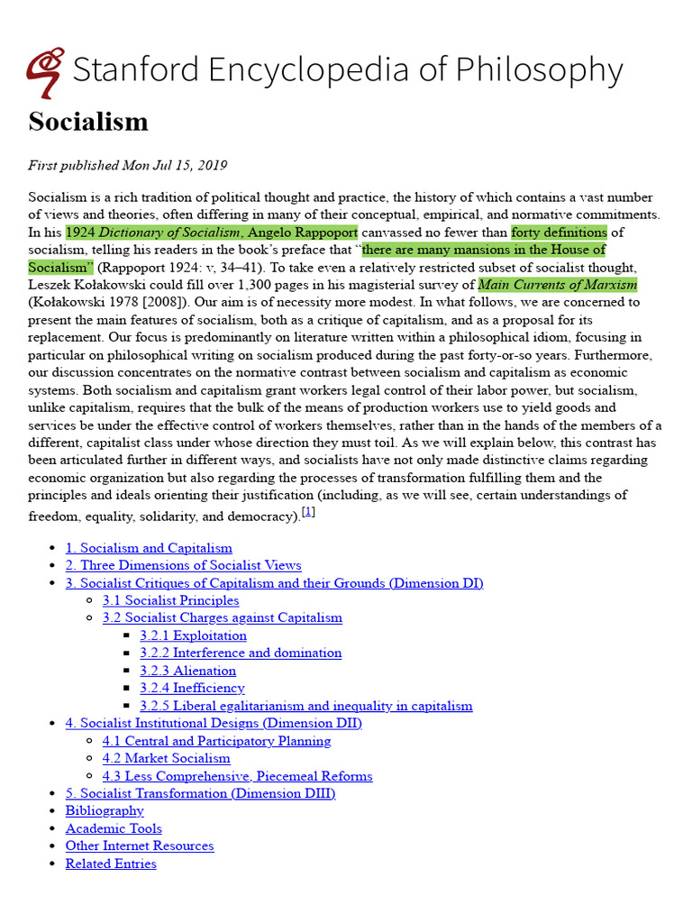 Socialism (Stanford Encyclopedia of Philosophy) | PDF | Exploitation Of ...