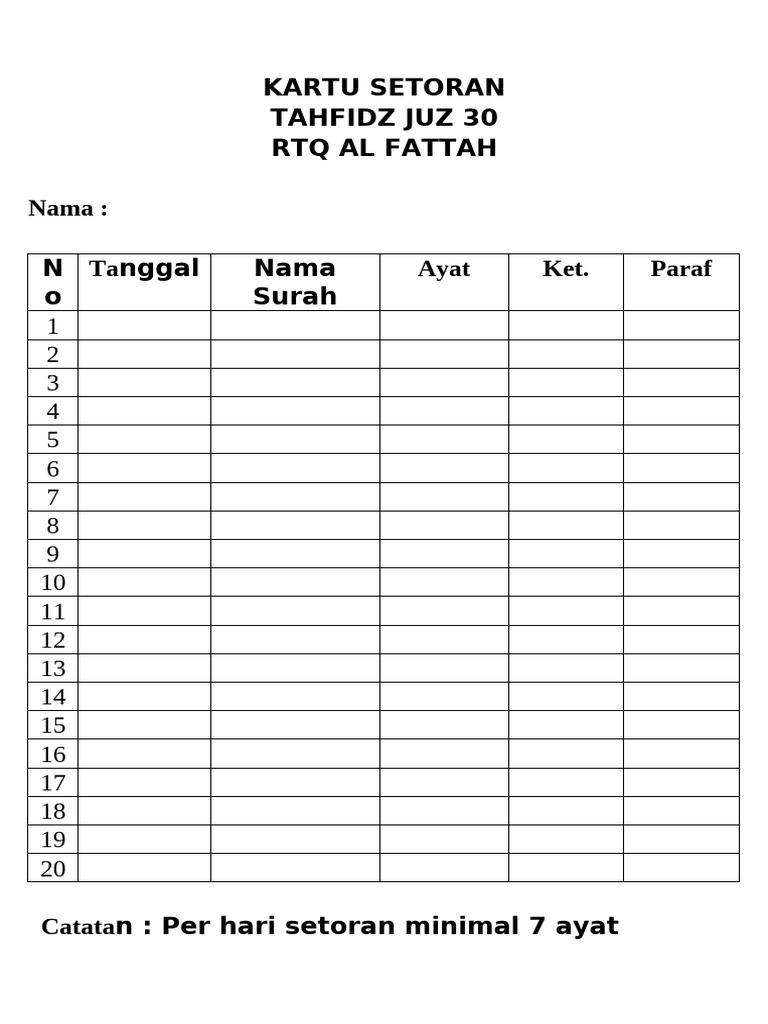 Kartu Setoran Tahfidz Juz 30 | PDF