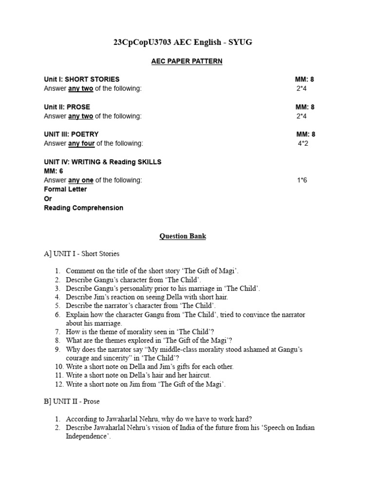 SYUG AEC - Question Bank | PDF