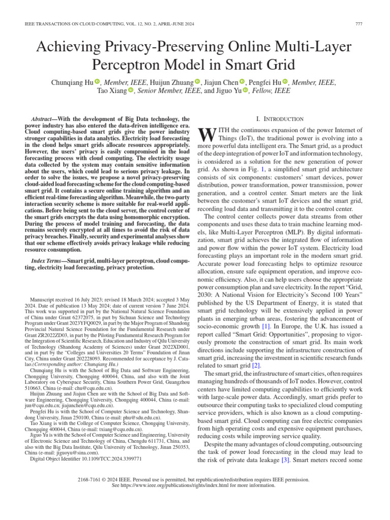 Achieving Privacy-Preserving Online Multi-Layer Perceptron Model in Smart Grid | PDF | Smart ...