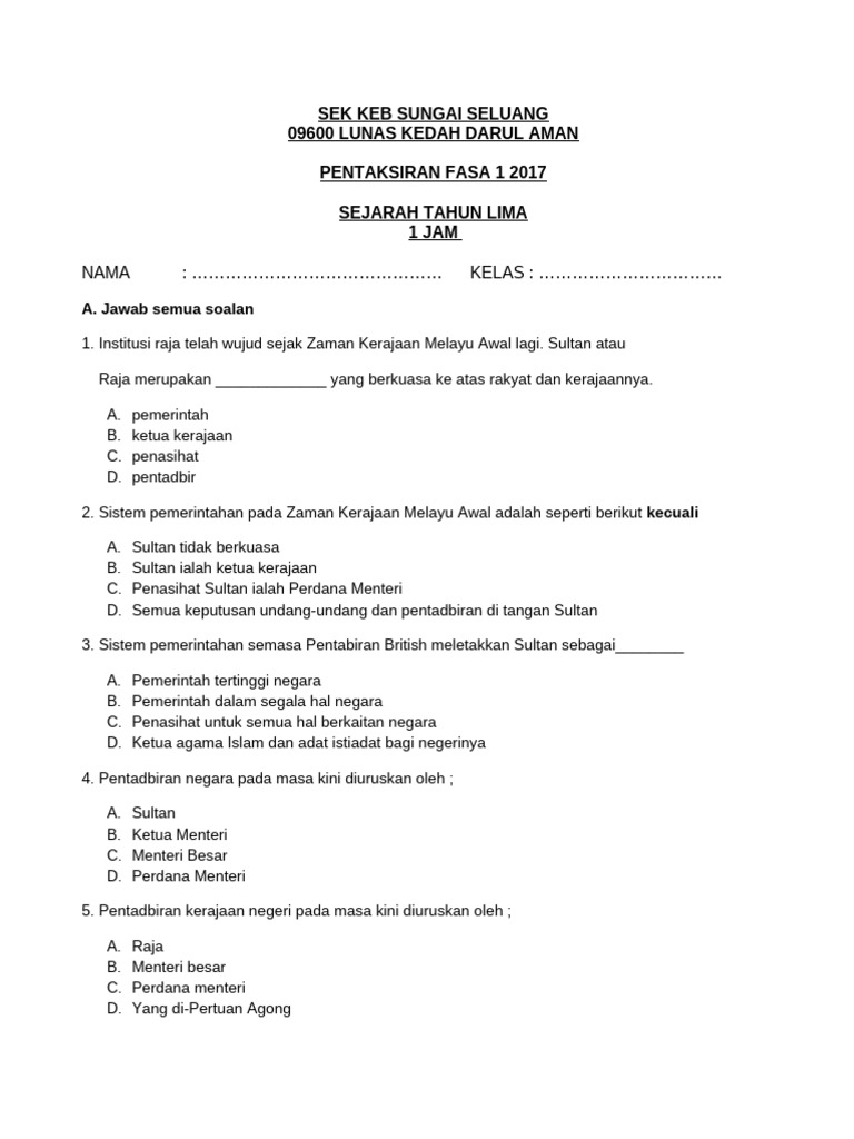Soalan Ujian Sejarah Tahun 5 Sumatif | PDF
