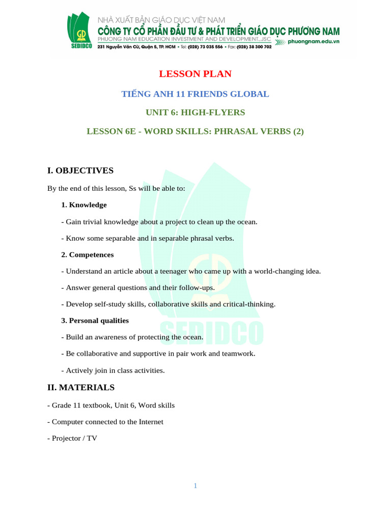 TA 11 FG - Kế hoạch bài dạy - Unit 6 - E | PDF | Vocabulary | Cognition