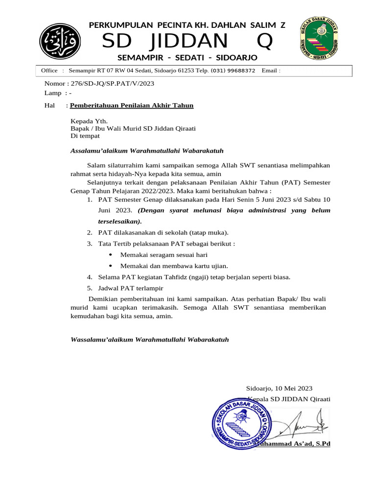 Surat Pemberitahuan PAT 2022-2023 | PDF