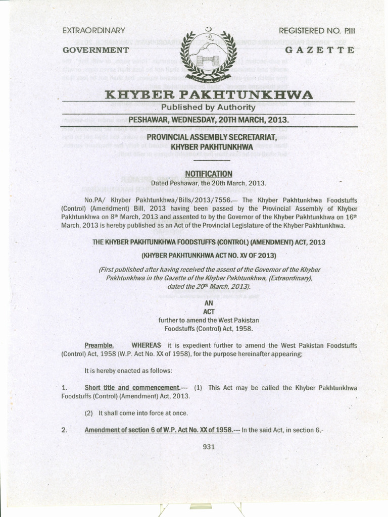 The Khyber Pakhtunkhwa Foodstuffs Control Amendment Act 2013 Act No XV ...