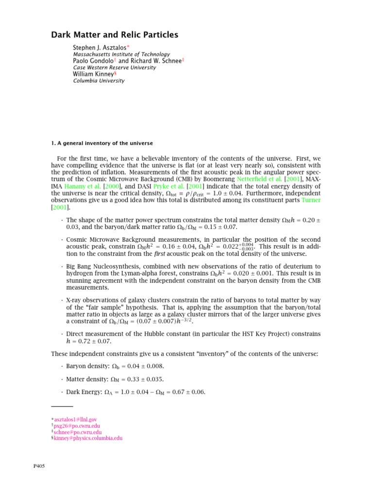 Stephen J. Asztalos Et Al - Dark Matter and Relic Particles | PDF | Dark Matter | Universe