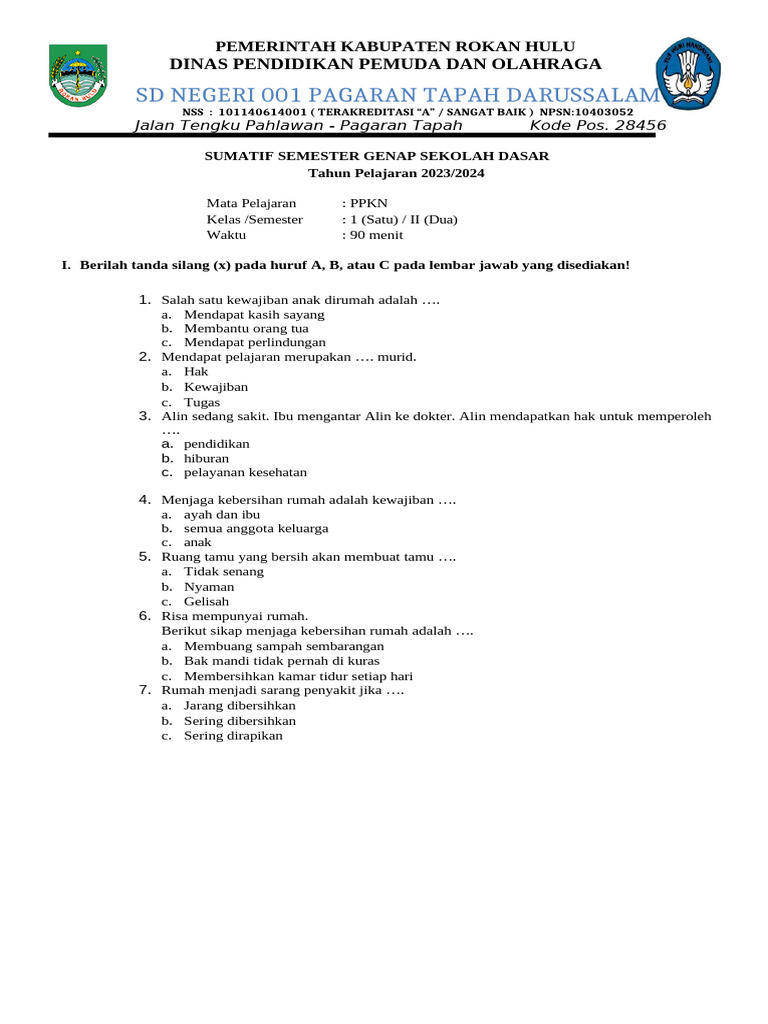 Soal Sts 2 PPKN Kelas 1 | PDF