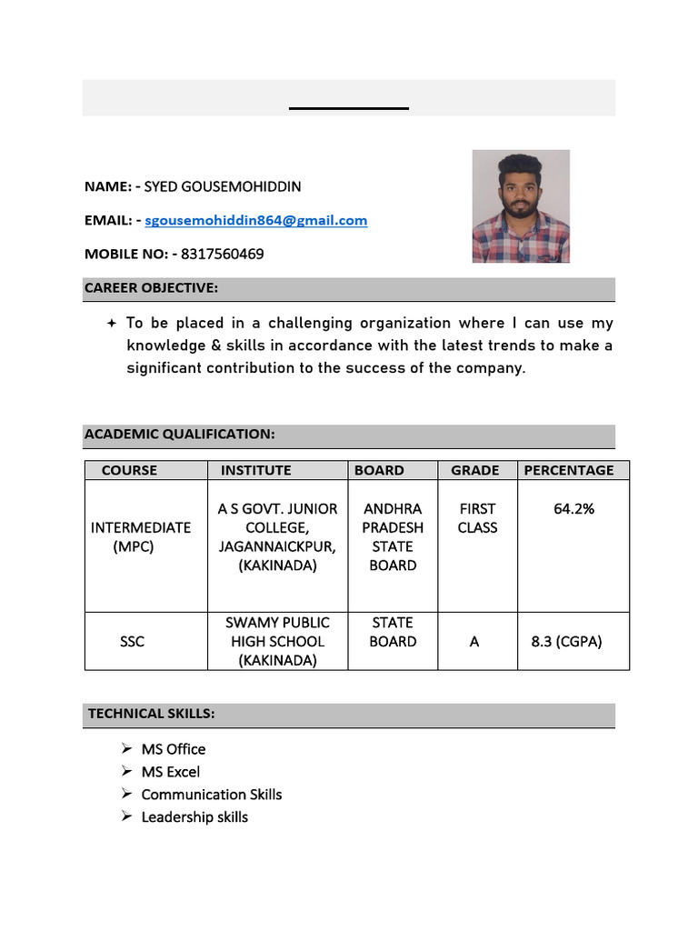 Resume of Syed Gousemohiddin | PDF