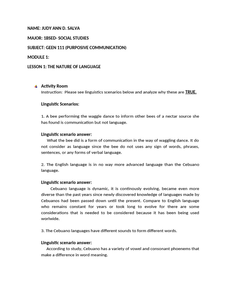 Assignment - MODULE 1 - LESSON 1 (GEEN 111-PURPOSIVE COMMUNICATION) | PDF | Linguistics | Word