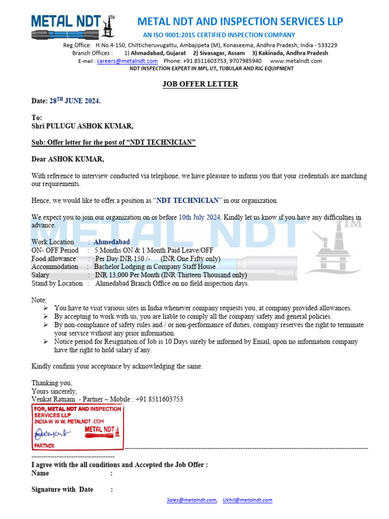 NDT Technician Job Offer Letter | PDF