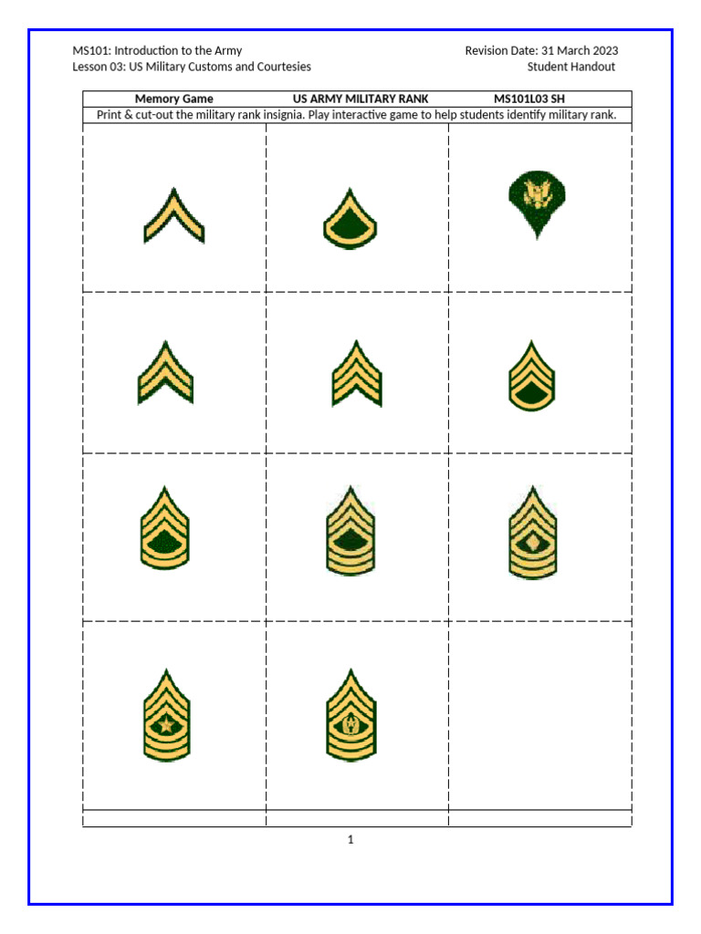 US Army Rank Memory Game Guide | PDF | Sports & Recreation | History