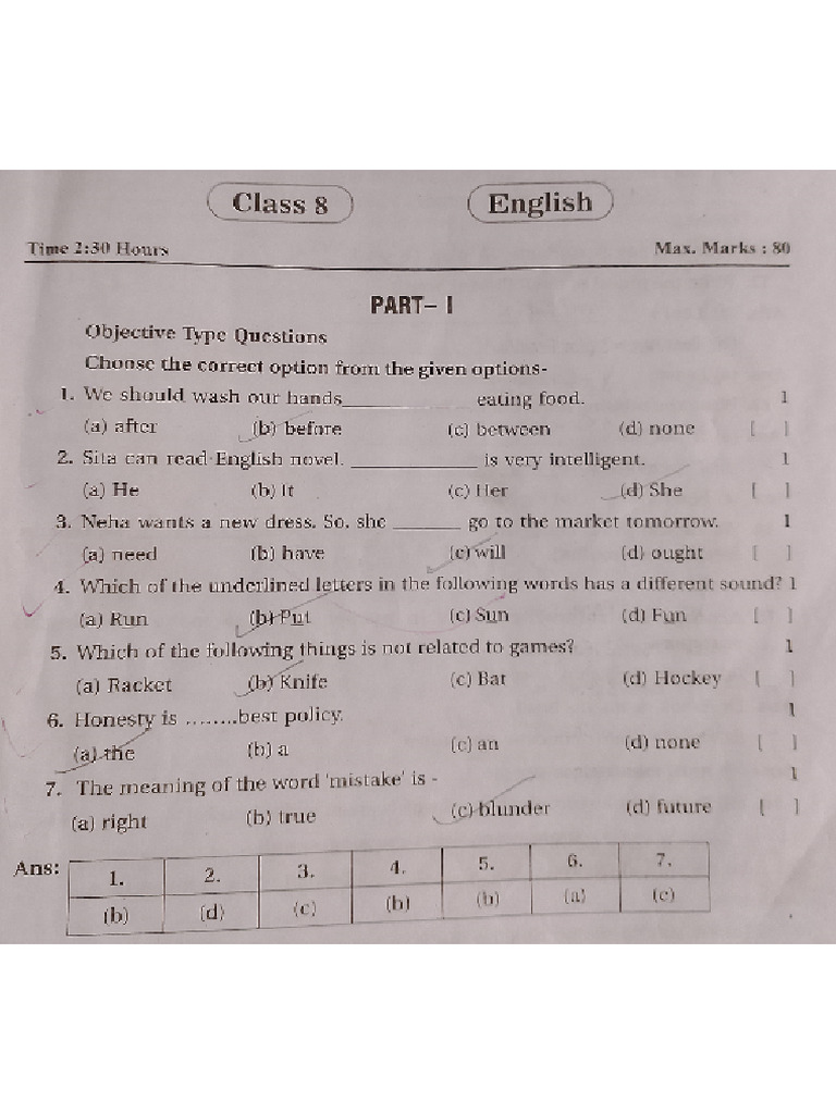 Class 8th Solved Sample Paper | PDF