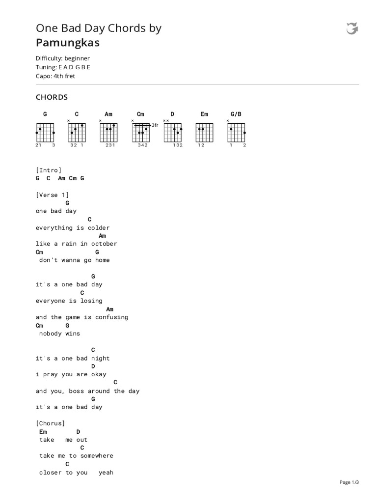 One Bad Day Chords by Pamungkastabs at Ultimate Guitar Archive | PDF