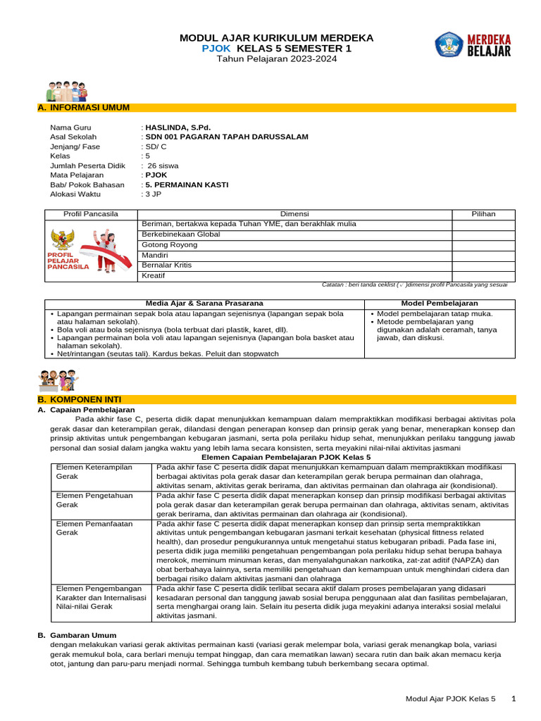Modul Pjok SMTR 1 Kelas 5 (2024) | PDF