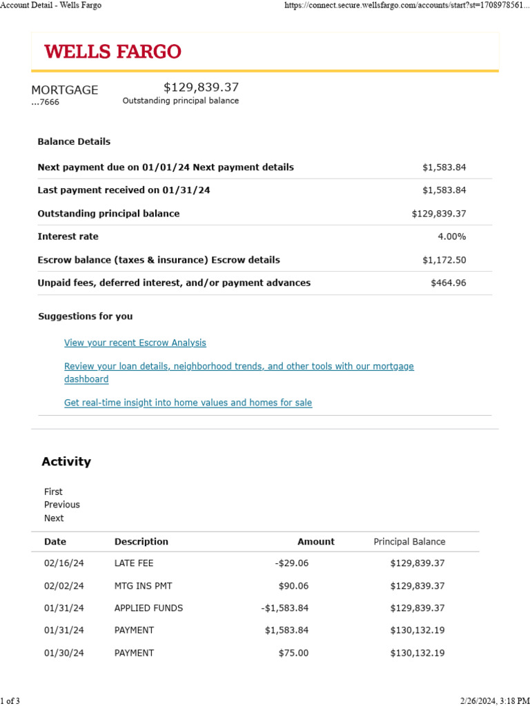 Wells Fargo Mortgage Account Summary | PDF | Interest | Mortgages