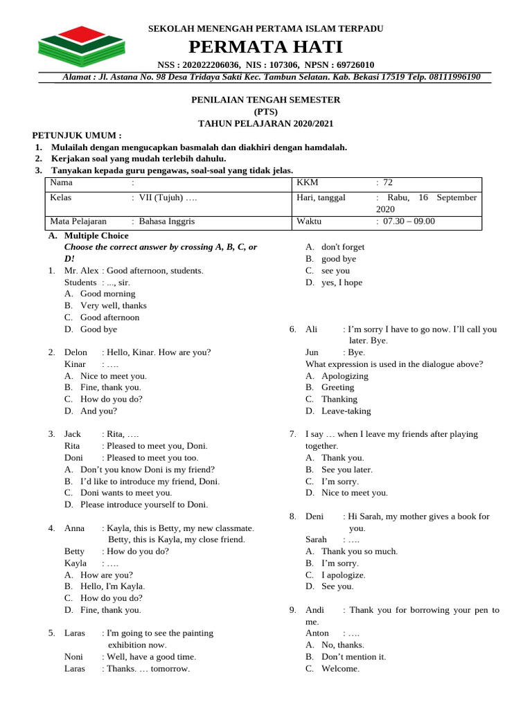 Soal PTS - Bahasa Inggris Kelas 7 | PDF