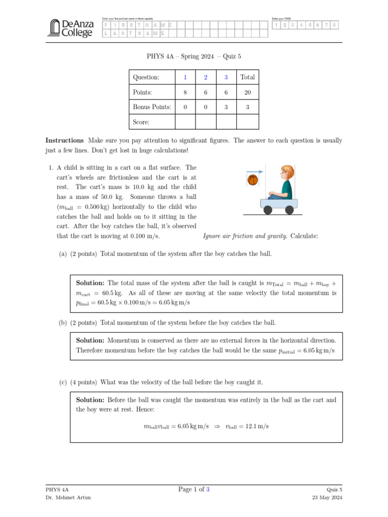 Quiz 5 Solutions | PDF | Momentum | Mass