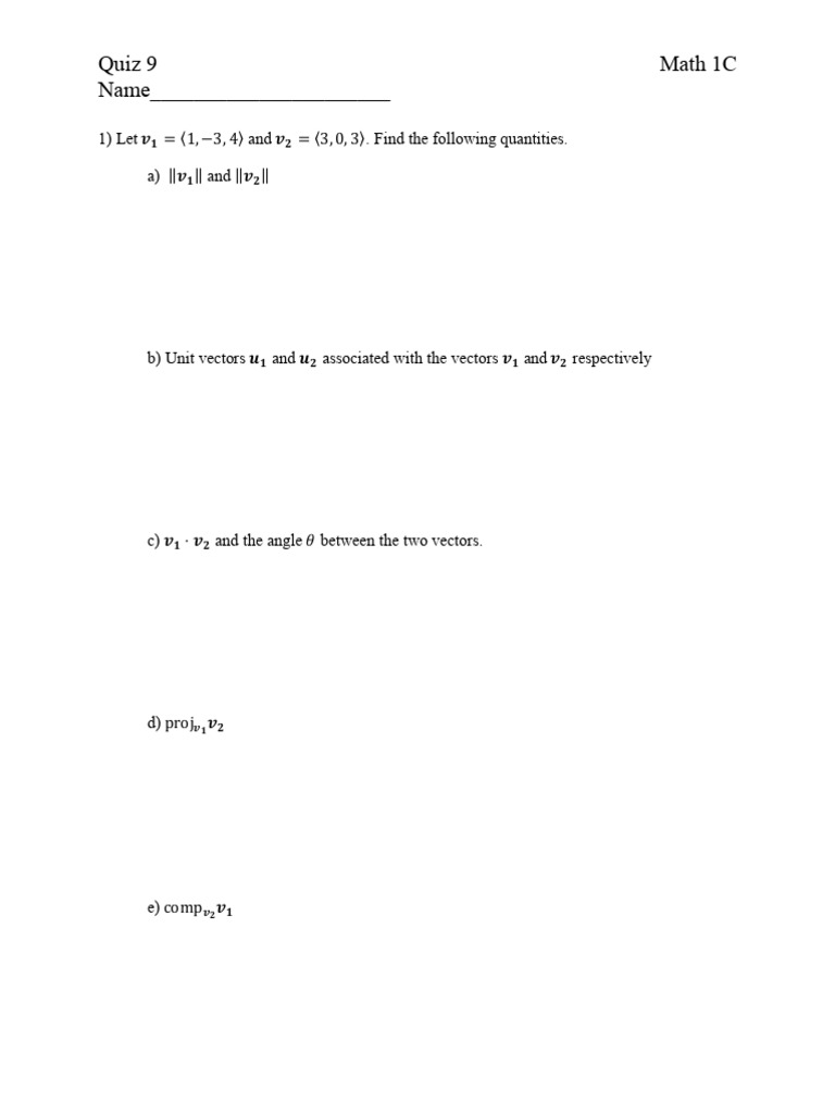 Math 1C Quiz: Vectors and Work Calculation | PDF