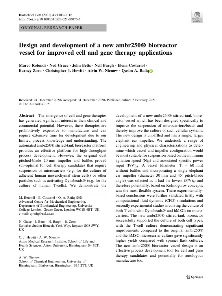 Design and Development of A New Ambr250 Bioreactor Vessel For Improved ...