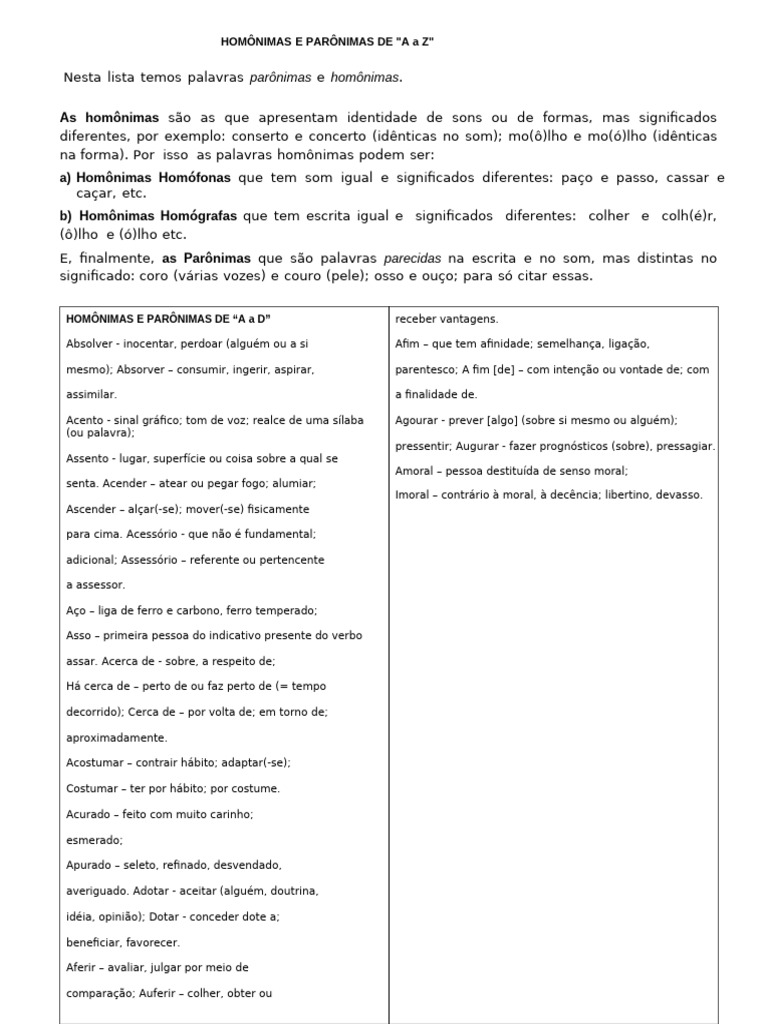 Lista de Parônimos e Homônimos | PDF