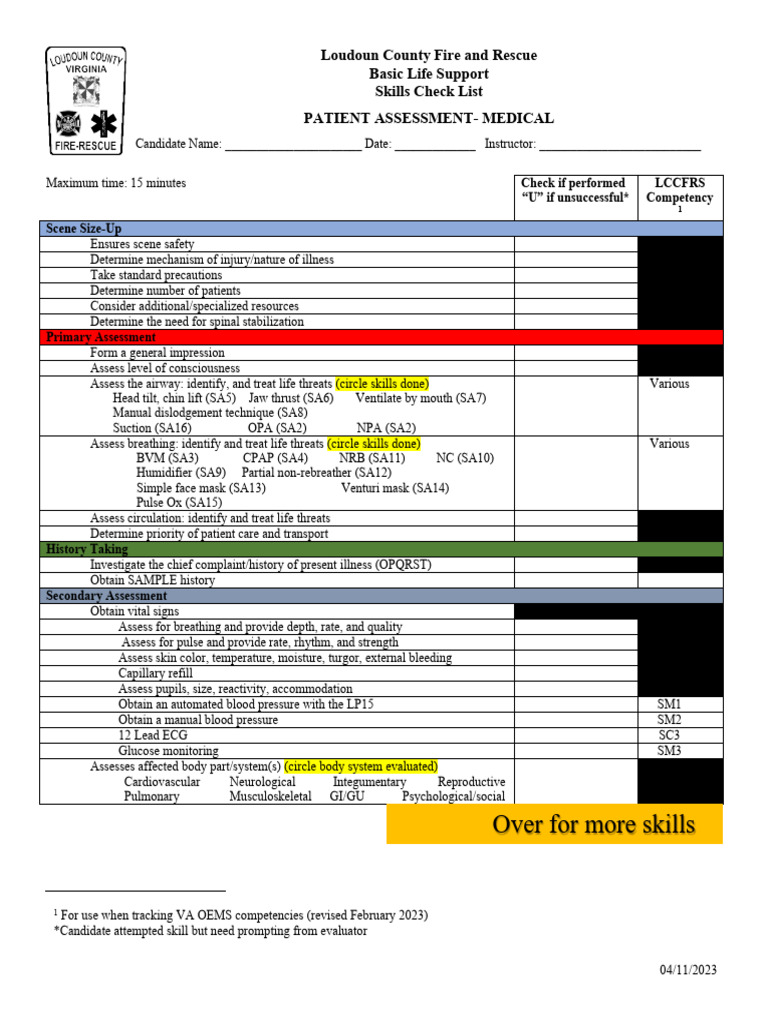 BLS Skills Checklist (All Skills) | PDF | Breathing | Medical Specialties