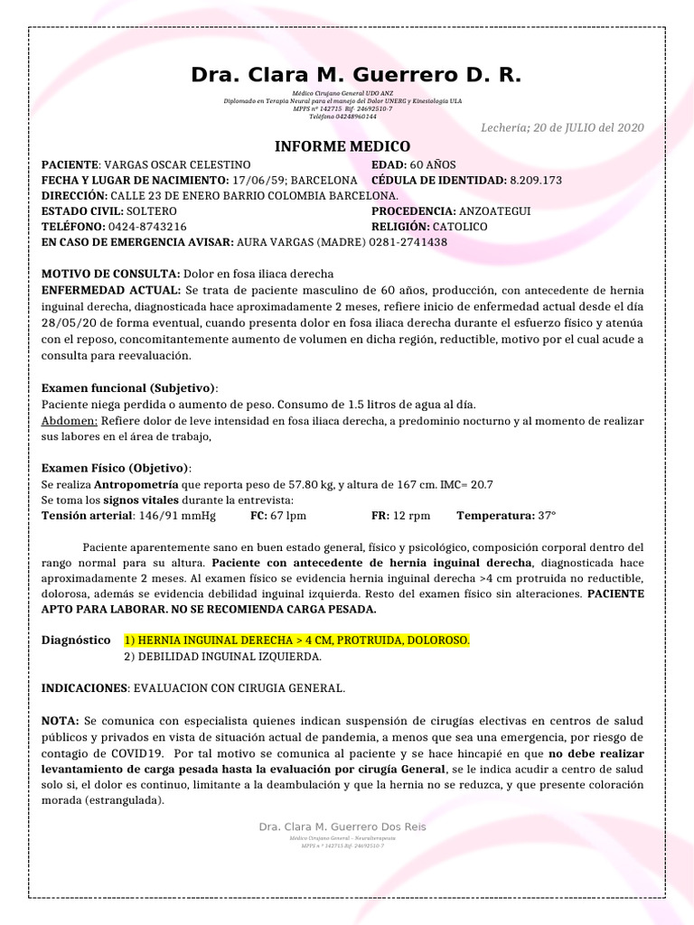 INFORME MEDICO Modelo | PDF | Examen físico | Cirugía