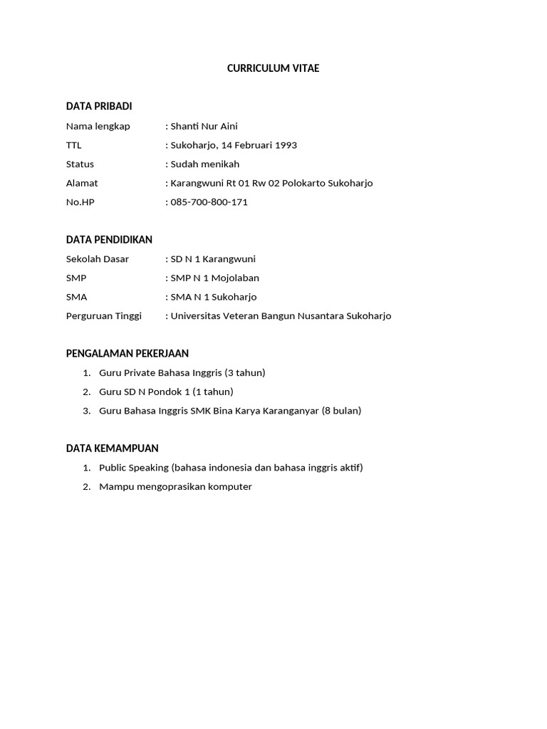 CV Shanti Nur Aini: Pengalaman dan Pendidikan | PDF