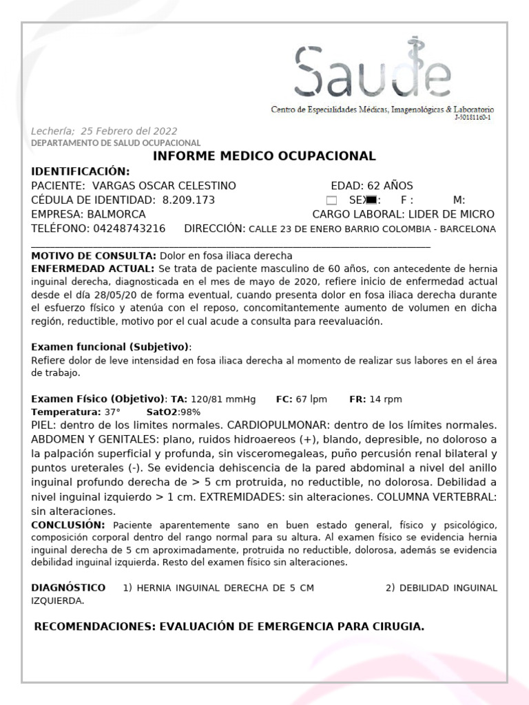Informe Medico | PDF | Examen físico | Medicina