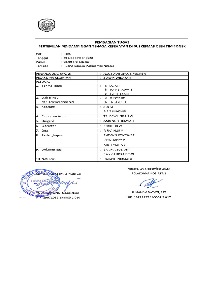 Pembagian Tugas Pertem Pendamp Di PKM Oleh Tim Ponek | PDF