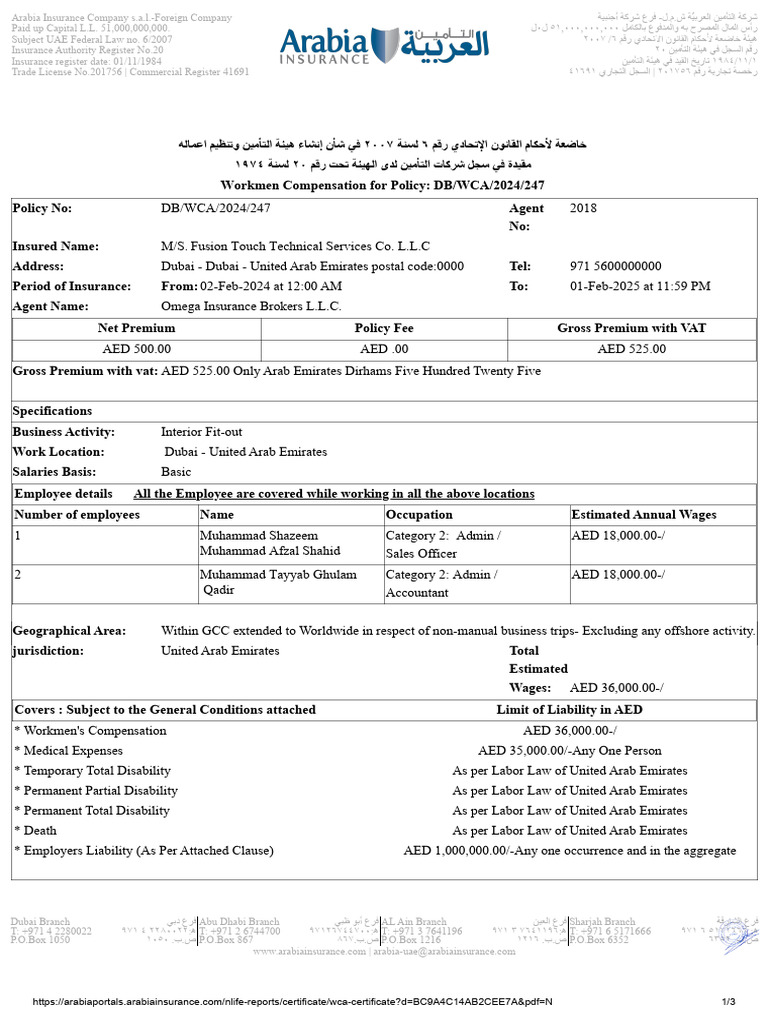 WCA Schedule | PDF | United Arab Emirates | Insurance