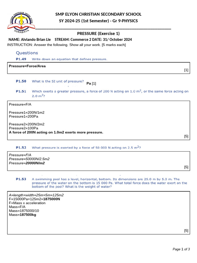 Grade 9 Physics: Pressure Exercises | PDF | Pressure | Underwater Diving