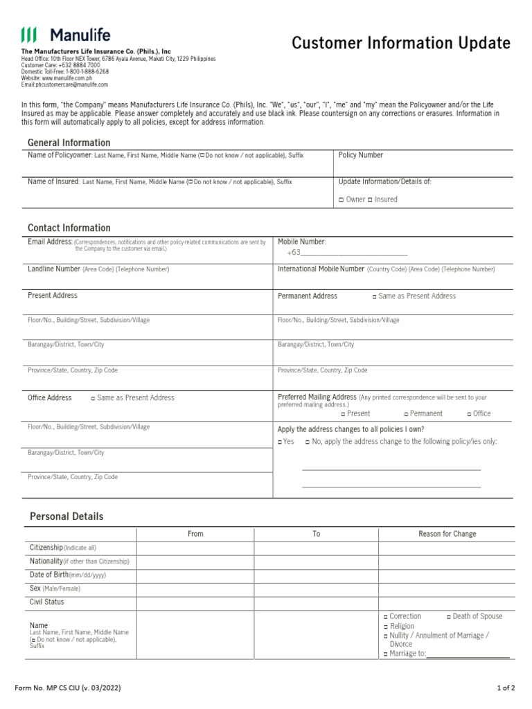 MP Customer Information Update Form - CIU Form 4.22 | PDF | Identity ...