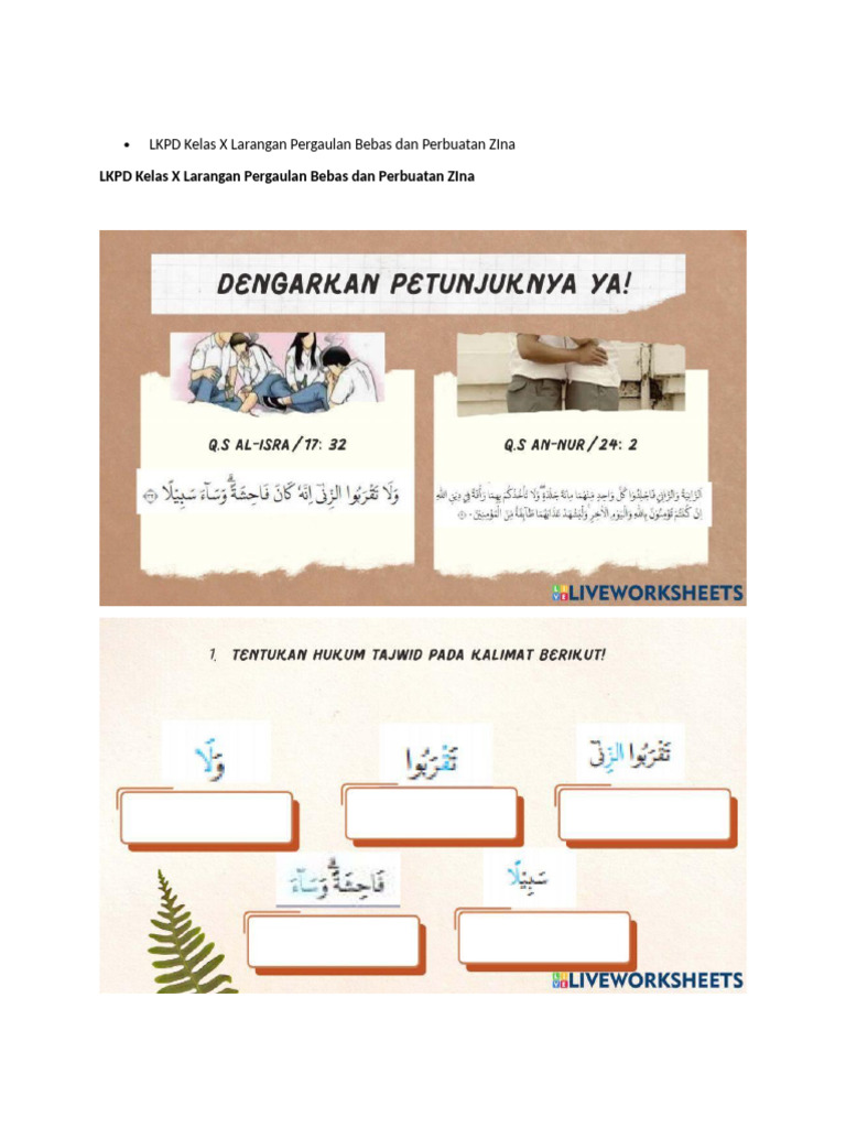 LKPD Kelas X Larangan Pergaulan Bebas Dan Perbuatan ZIna | PDF