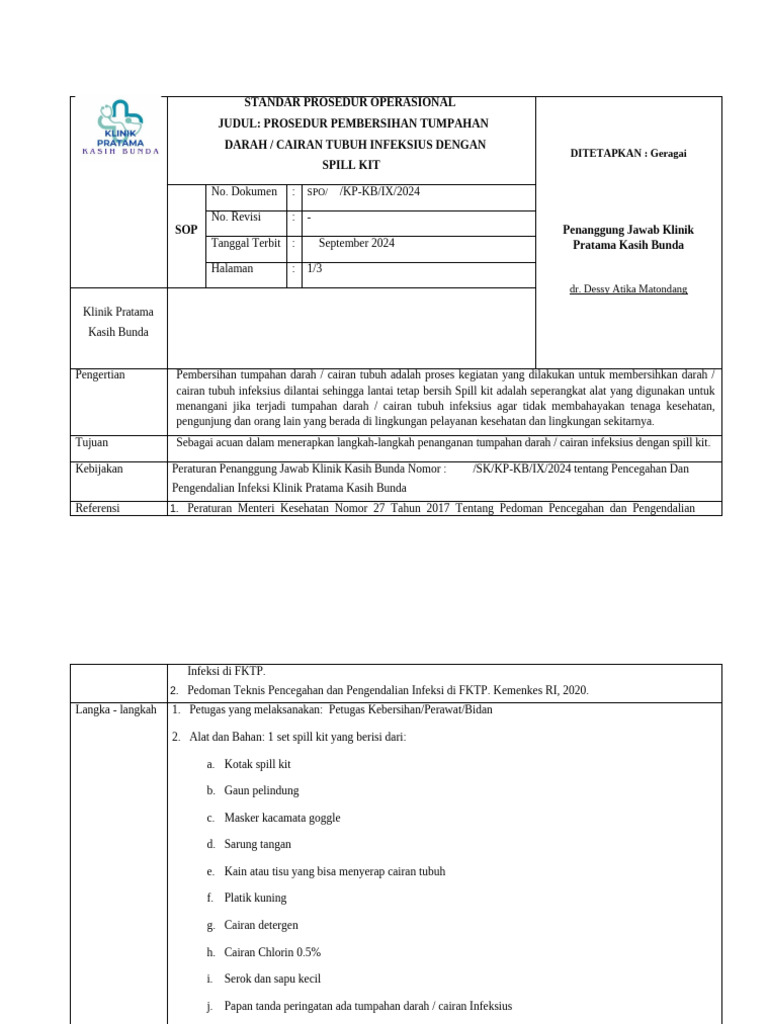 SOP PROSEDUR PEMBERSIHAN TUMPAHAN Spill KIT | PDF